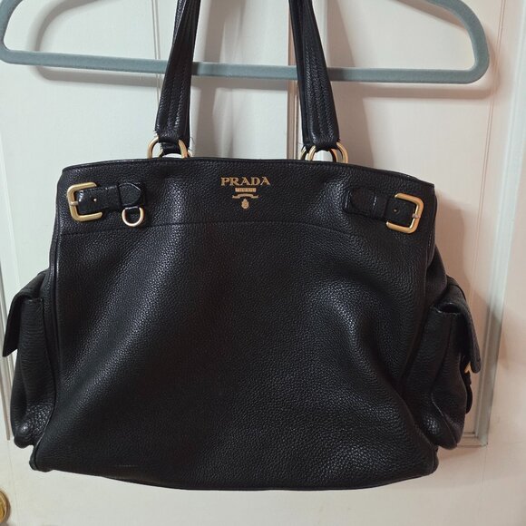 Prada | Bags | Prada Vitello Daino Pebbled Leather Tote Black W Gold ...